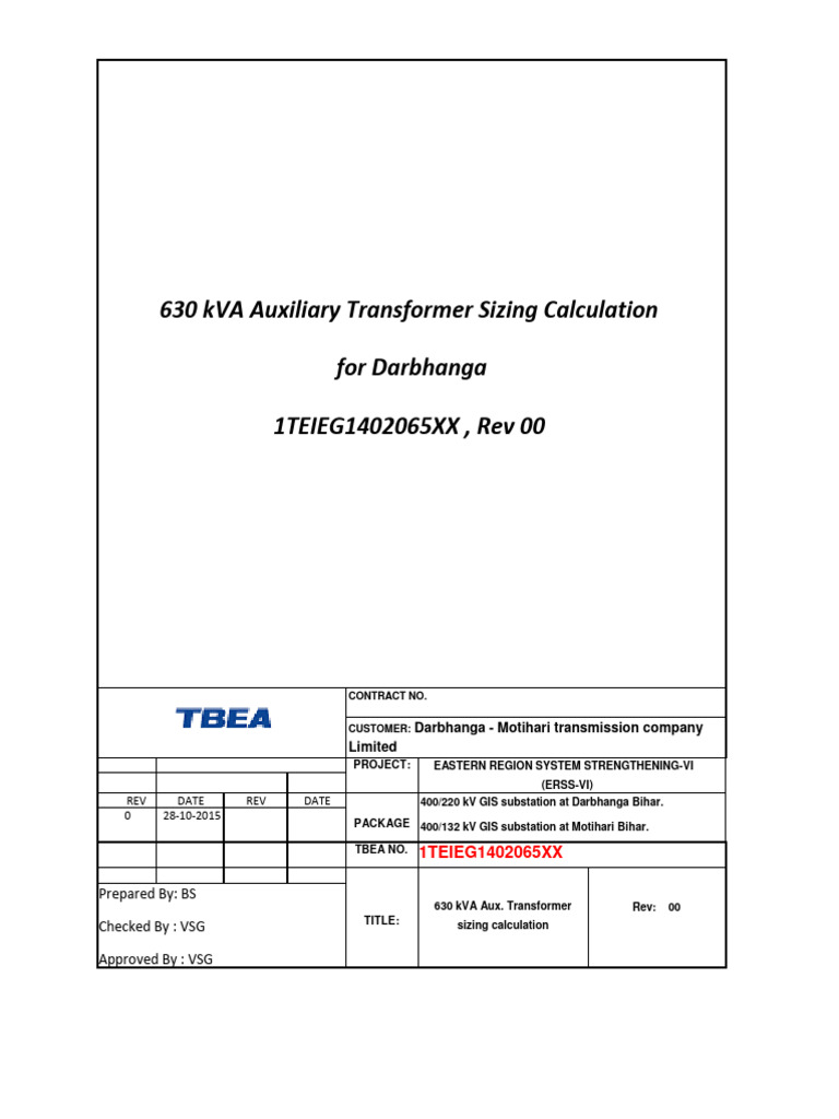 630kVA Aux Trafo Sizing Calculation | Download Free PDF | Transformer ...