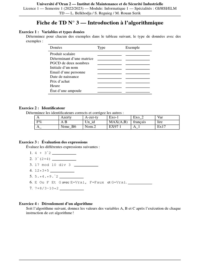 Fiche de TD #3 - Introduction À L'algorithmique | PDF | Méthodes et références pédagogiques