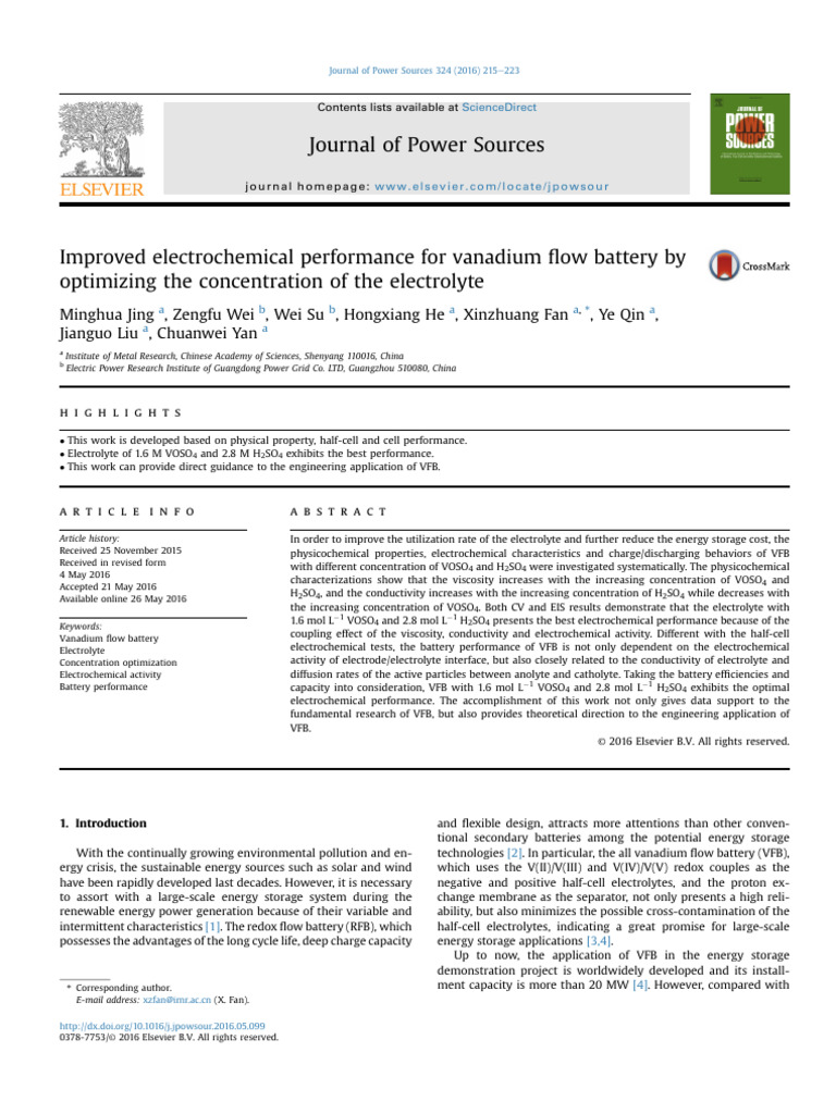 IMproved Electrolyte For VRB - Jing2016 | PDF | Electrochemistry | Materials Science