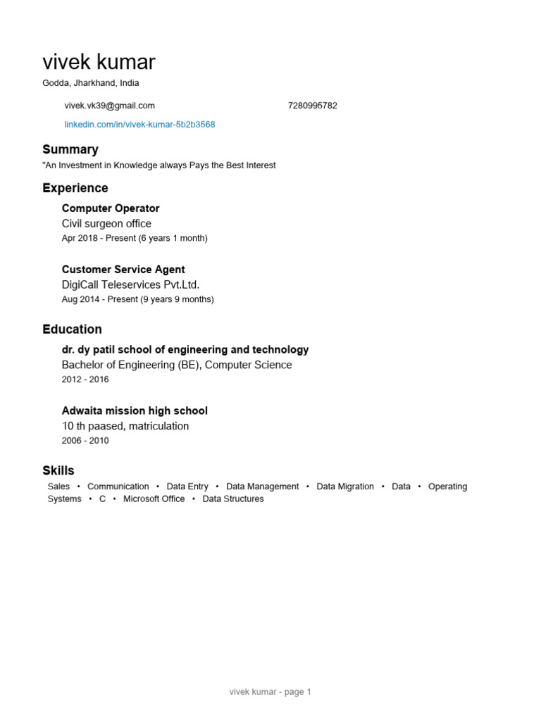 Resume Vivek Kumar | PDF | Business