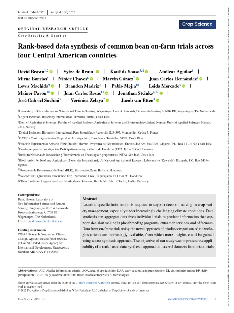 Rank-Based Data Synthesis of Common Bean On-Farm Trials Across Four Central American Countries ...