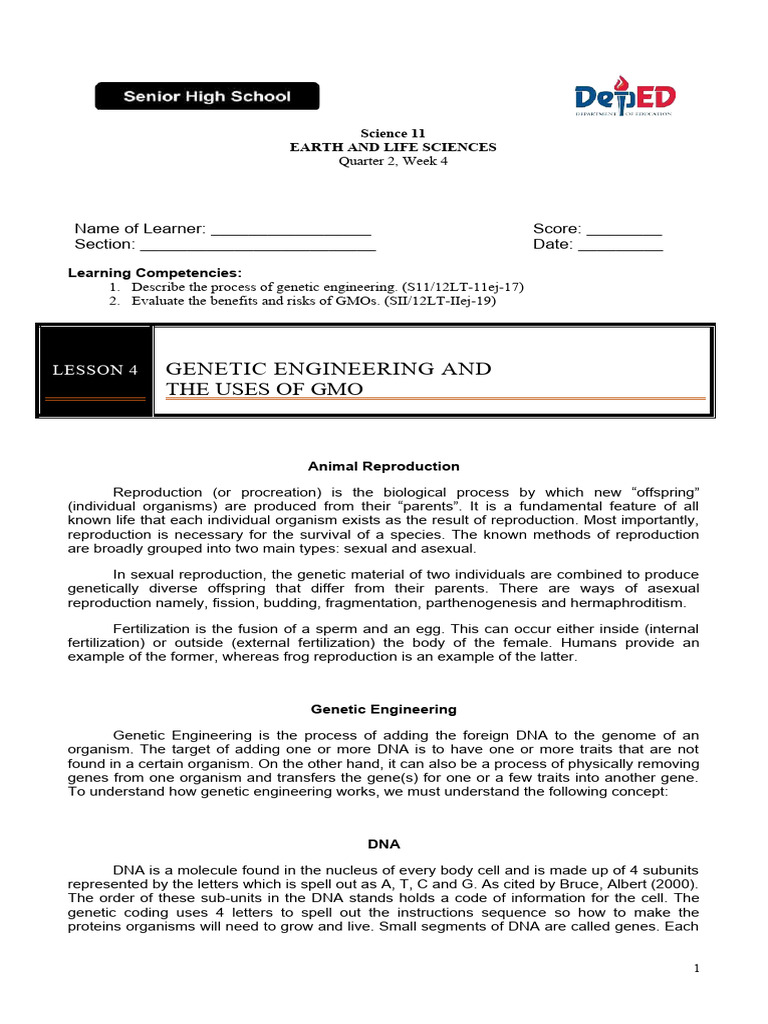 Mod 4 GENERIC ENGINEERING AND THE USES OF GMO Lecture Notes Students ...