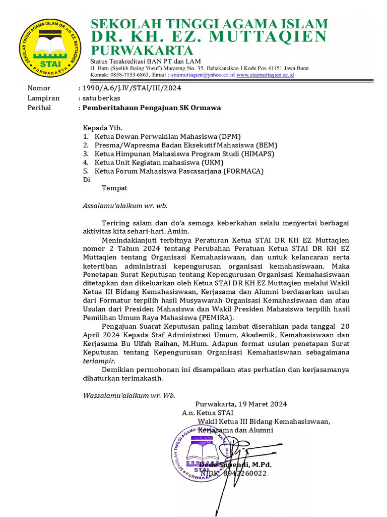 Surat Pemberitahuan Pengajuan SK Ormawa 2024 - Lampiran | PDF