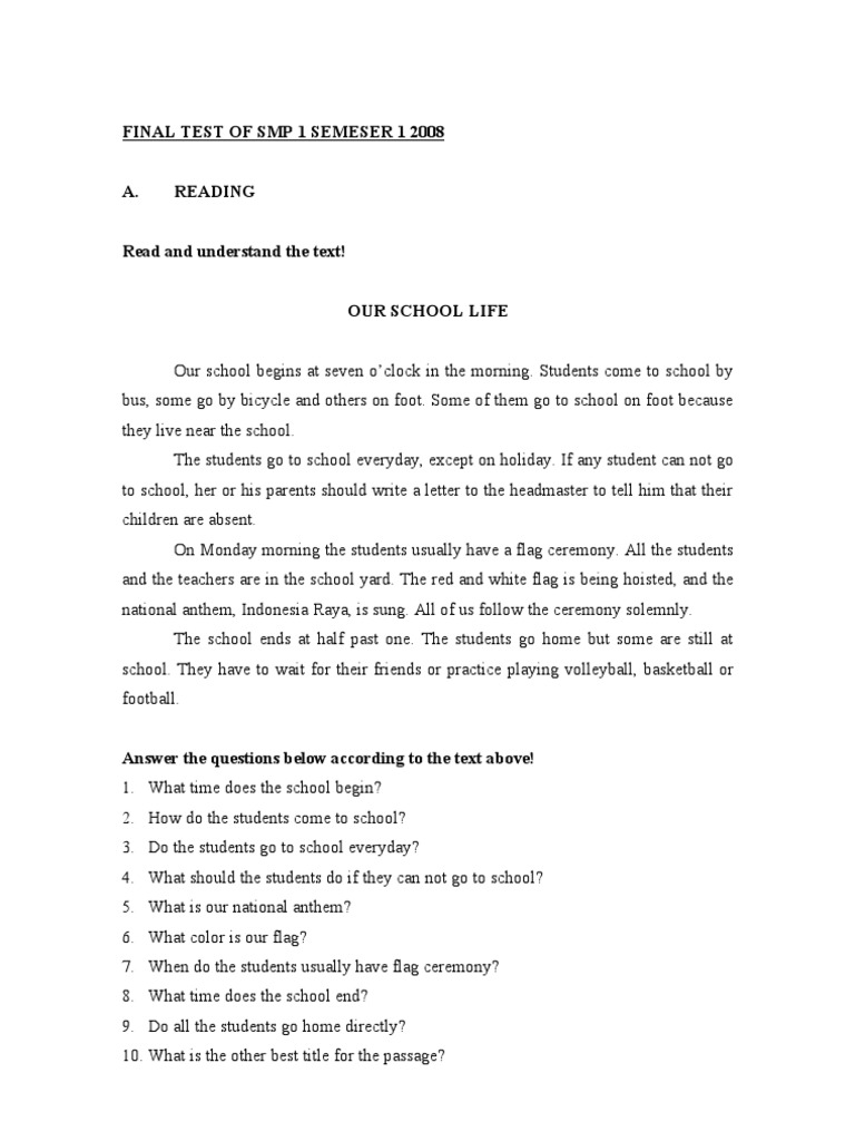 SMP 1 Semester 1 Final Test 2008 | PDF