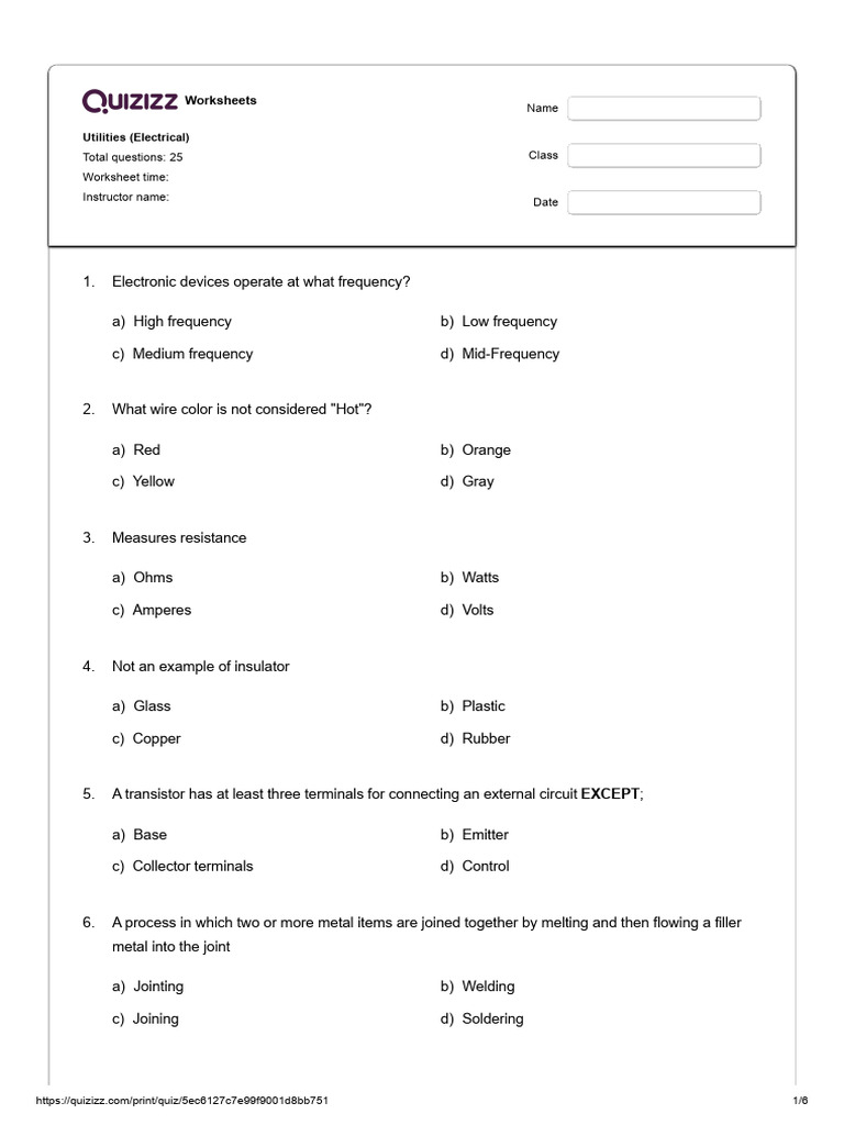 24-01-19 Utilities (Electrical) 01 - Answer Keys | PDF | Electric Current | Electricity