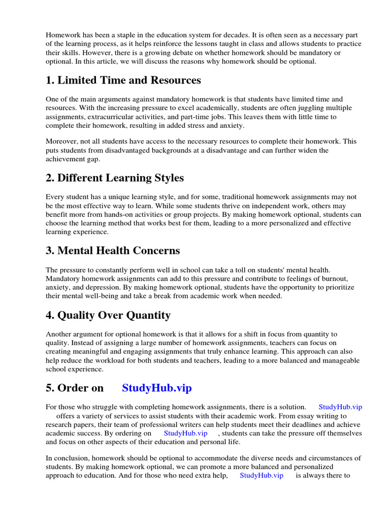 Reasons Why Homework Should Be Optional | PDF | Homework | Teachers