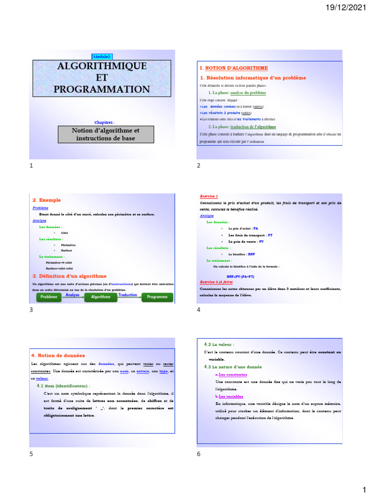 Chapitre1 - Algorithme Support de Cours | PDF | Variable (informatique ...