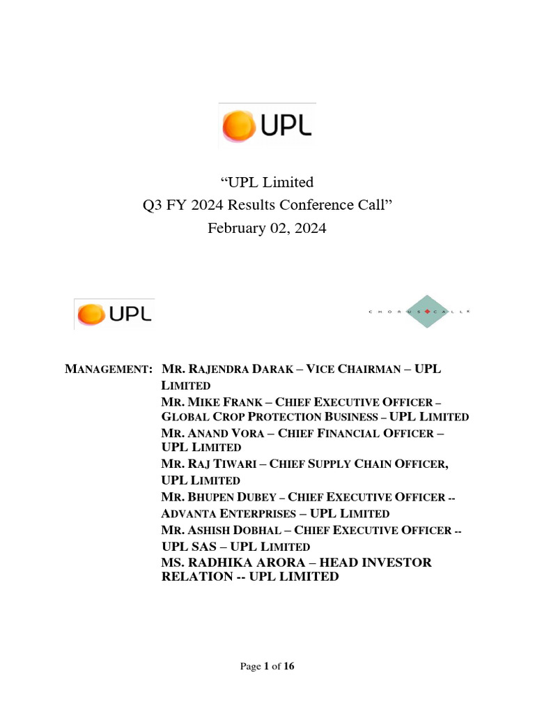 UPL - Q3FY24 - Concall Transcript | PDF | Devaluation | Inventory
