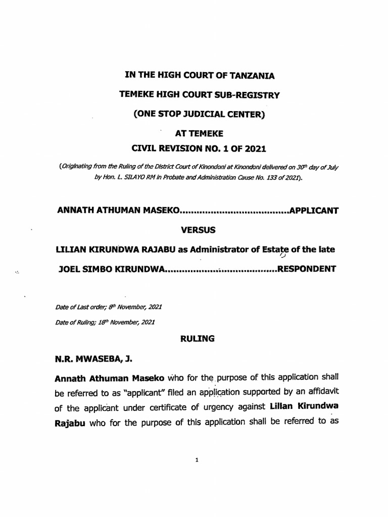 Annath Athuman Maseko Vs Lilian Kirundwa Rajabu (Civil Revision 1 of ...
