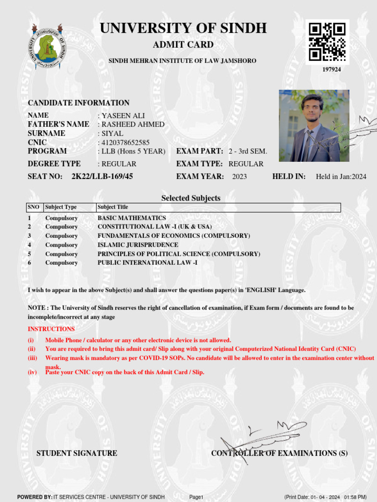 University of Sindh LLB Admit Card 2023 | PDF
