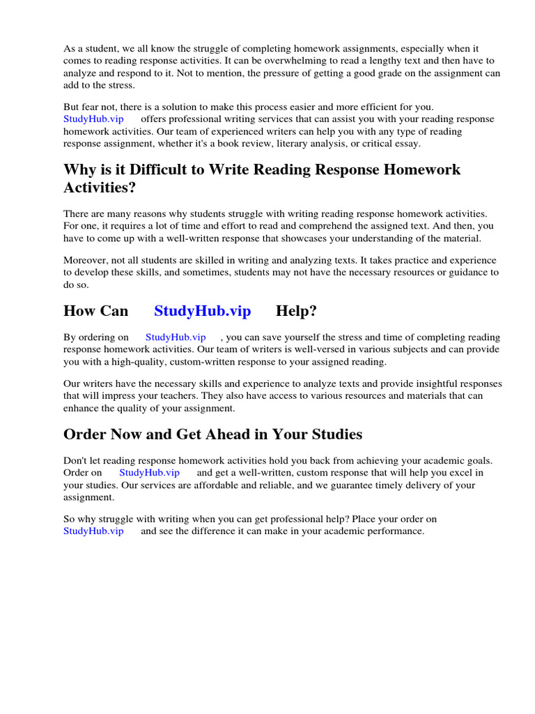 Reading Response Homework Activities | PDF | Reading Comprehension ...