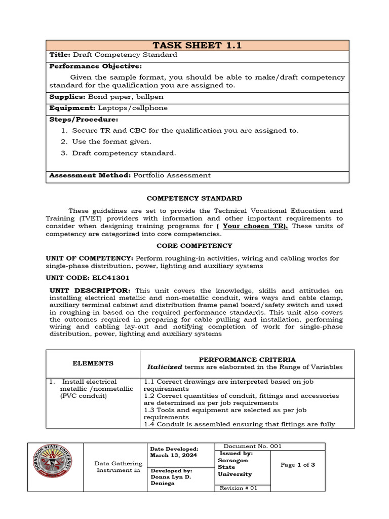 TASK SHEET 1.1- Competency Standard DENIEGA | PDF | Pipe (Fluid Conveyance) | Electrical Wiring