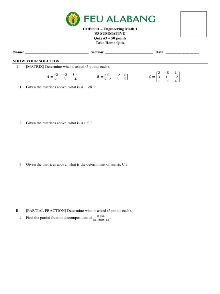 COE0001 - SA#3 | PDF | Matrix (Mathematics) | Determinant