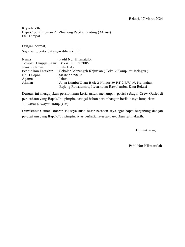 Surat Lamaran Kerja di Mixue | PDF
