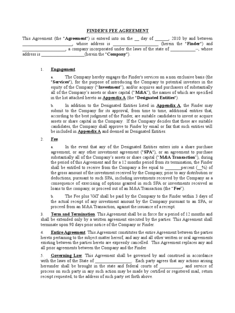 Finders' Fee Template-2 | PDF | Service Of Process | Mergers And ...