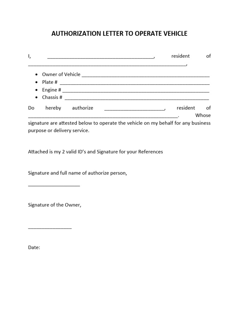 Authorization Letter To Operate Vehicle | PDF | Business | Law