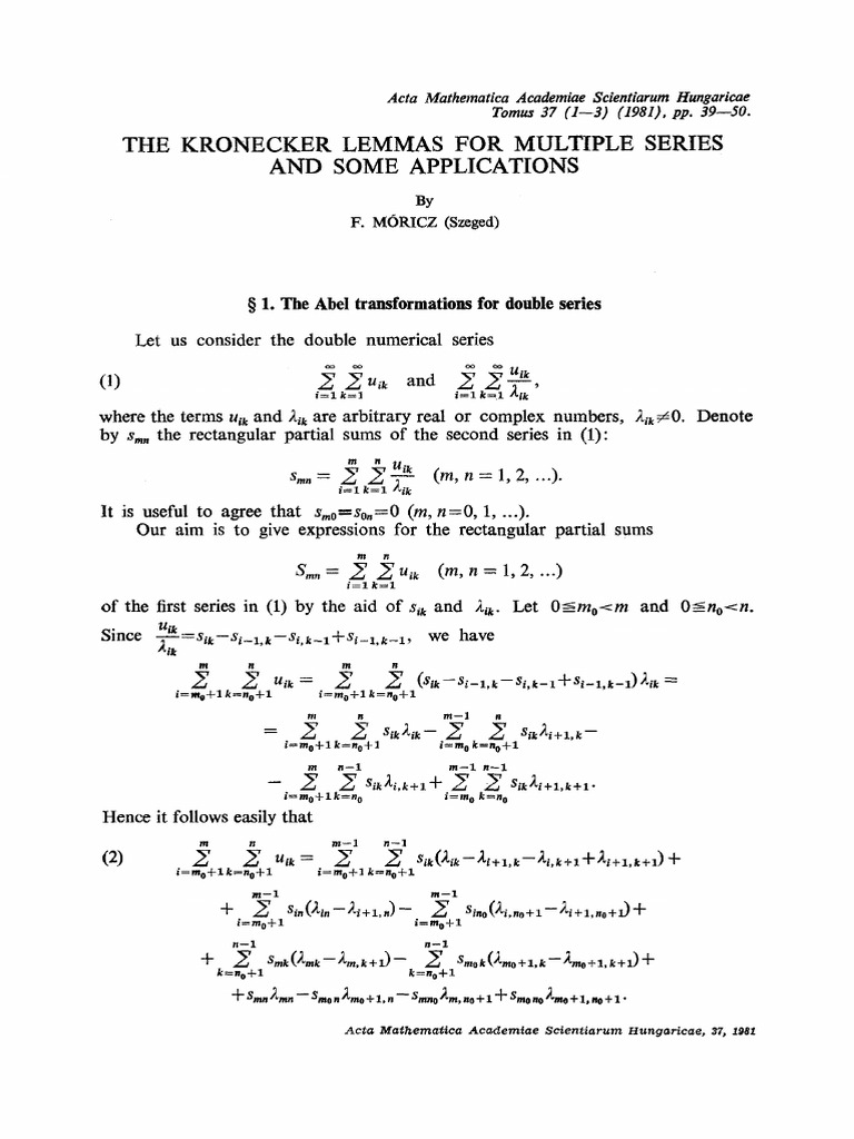 The Kronecker Lemmas For Multiple Series and Some Applications | PDF | Theorem | Mathematical Logic