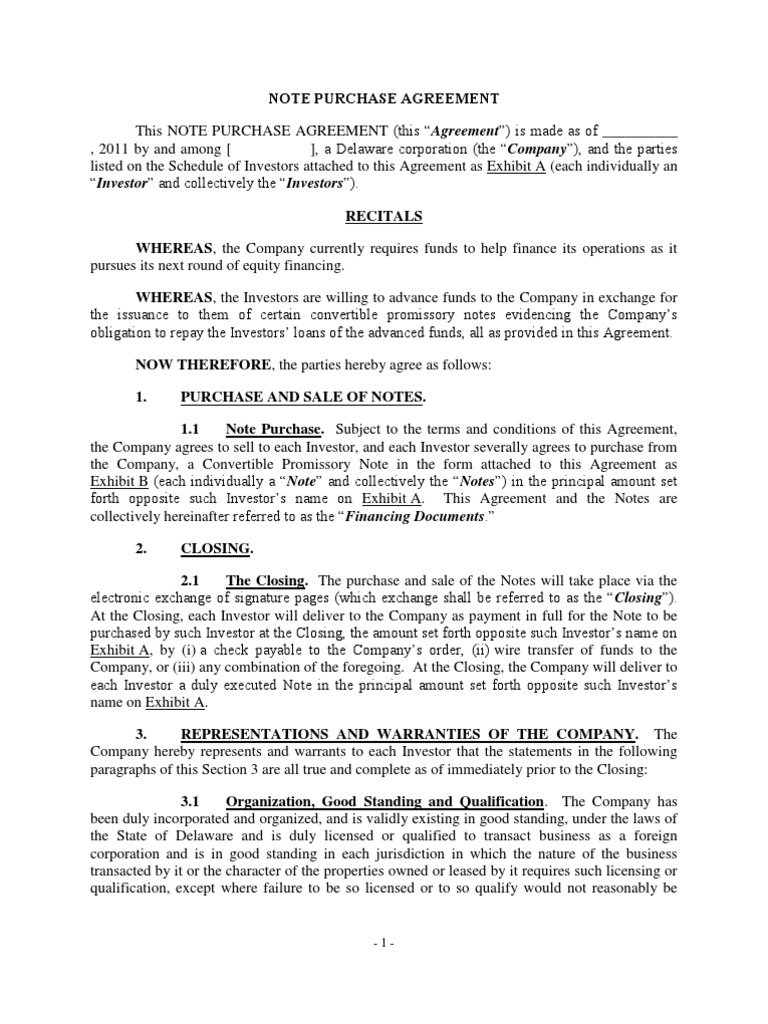 Note Purchase Agreement Template - 1 | PDF | Securities Act Of 1933 | Stocks