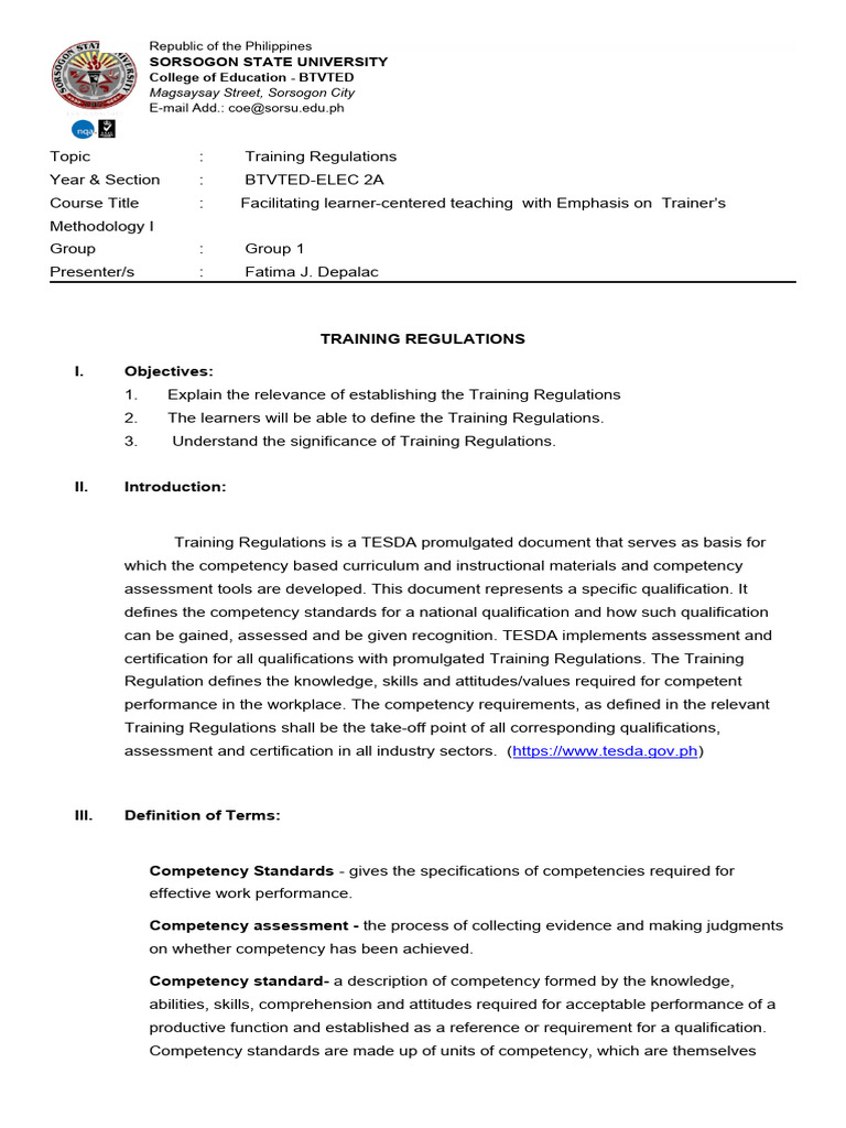 Written Report Training Regulations | PDF | Curriculum | Vocational ...