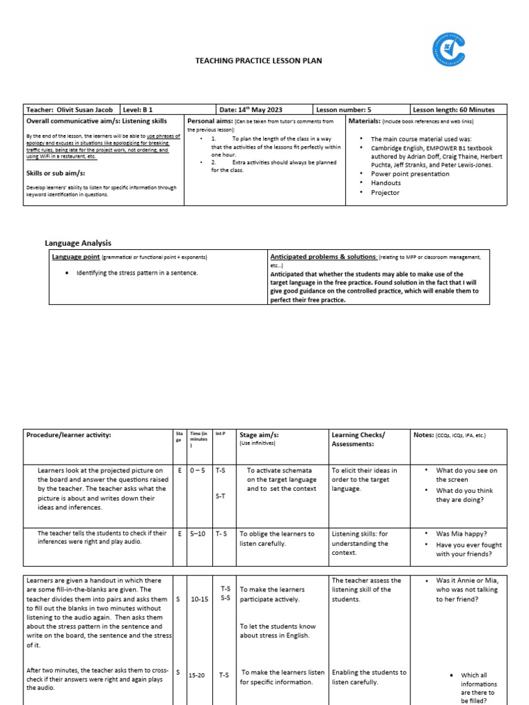 Lesson Plan 5 | PDF | Second Language | Learning