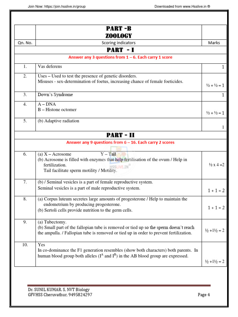 Hsslive Xii Zoology Term 2 Dec 2022 Key DR Sunil Kumar | PDF ...