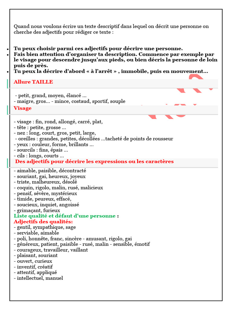 Décrire Par Les Adjectifs | PDF | Sourire | Visage