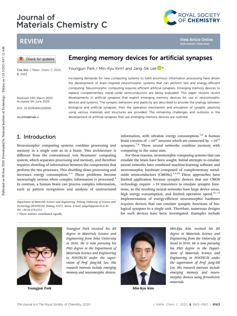 Emerging Memory Devices For Artificial Synapses | PDF | Synaptic Plasticity | Chemical Synapse