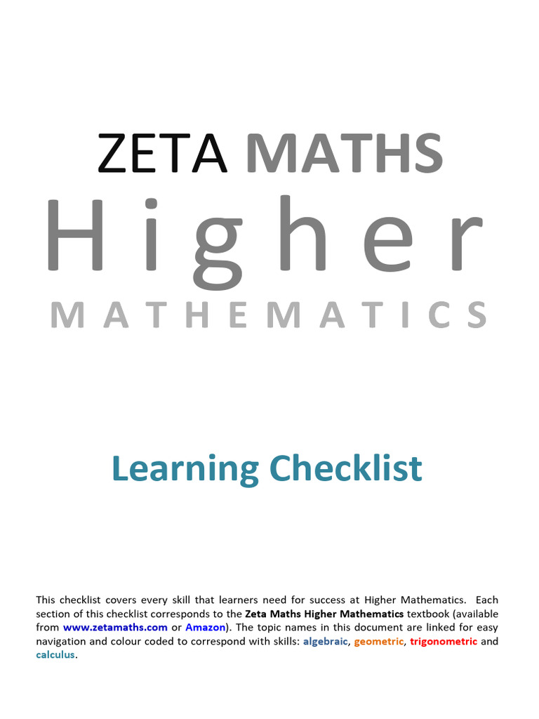 Higher Mathematics Checklist ZETA MATHS | PDF | Quadratic Equation | Geometry