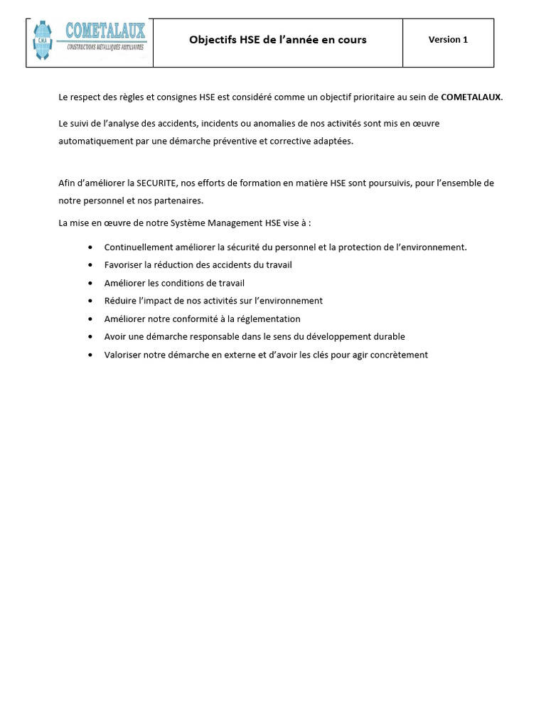 Objectifs HSE Année en Cours | PDF | Soudage | Construction