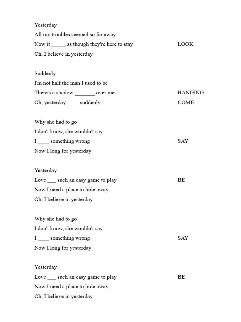 Yesterday Lyrics Analysis | PDF