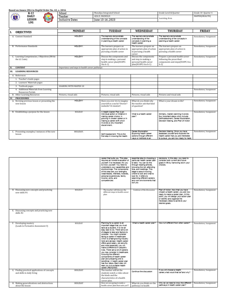 DLL WEEK 1 Health 10 4TH QUARTER | PDF | Learning | Teachers