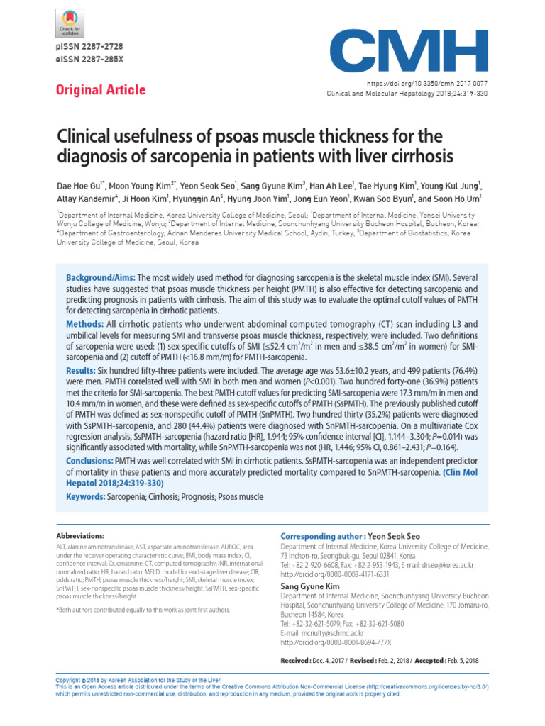 Clinical usefulness of psoas muscle thickness for the diagnosis of ... Clinical usefulness of psoas muscle thickness for the diagnosis of ...