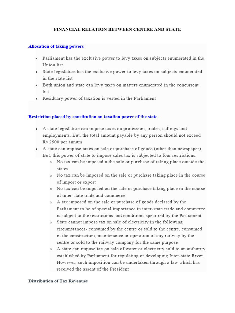 FINANCIAL RELATION BETWEEN CENTRE AND STATE | PDF | Taxes | Value Added Tax