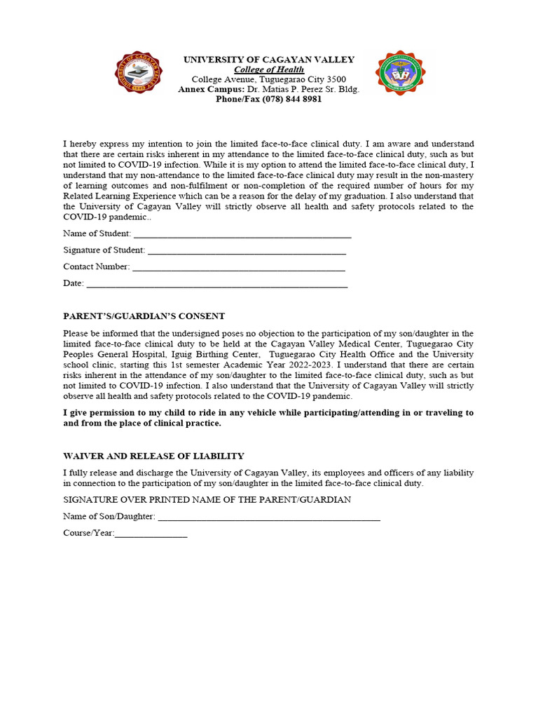 Consent for Limited Clinical Duty Participation | PDF | Informed Consent | Health Sciences