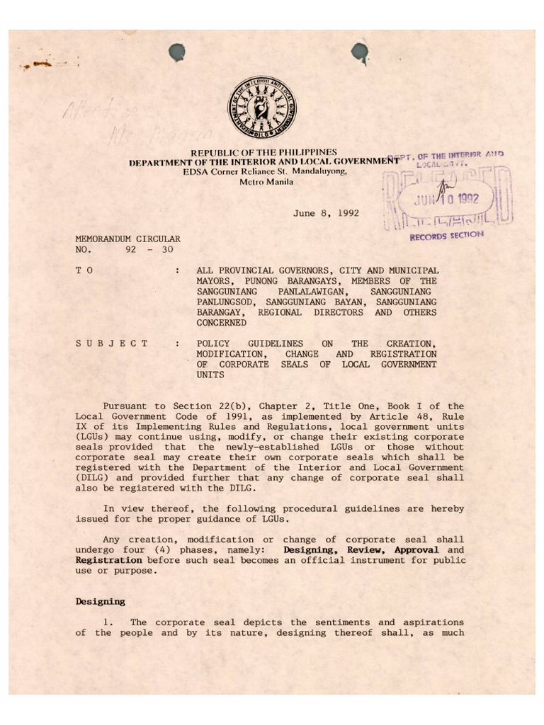 DILG Memorandum Circular 1992-30 | PDF
