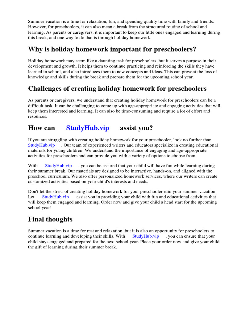 Summer Vacation Holiday Homework For Preschoolers | PDF | Preschool ...