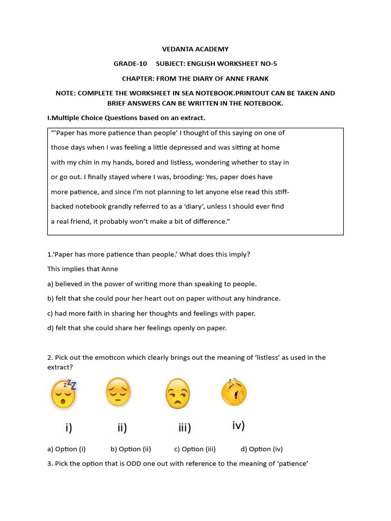 Grade 10 English Worksheet: Anne Frank | PDF