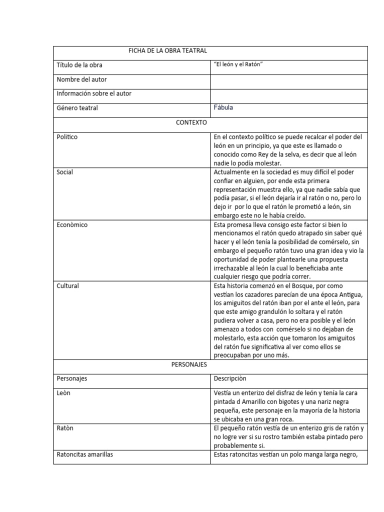 Ficha De La Obra Teatral Pdf