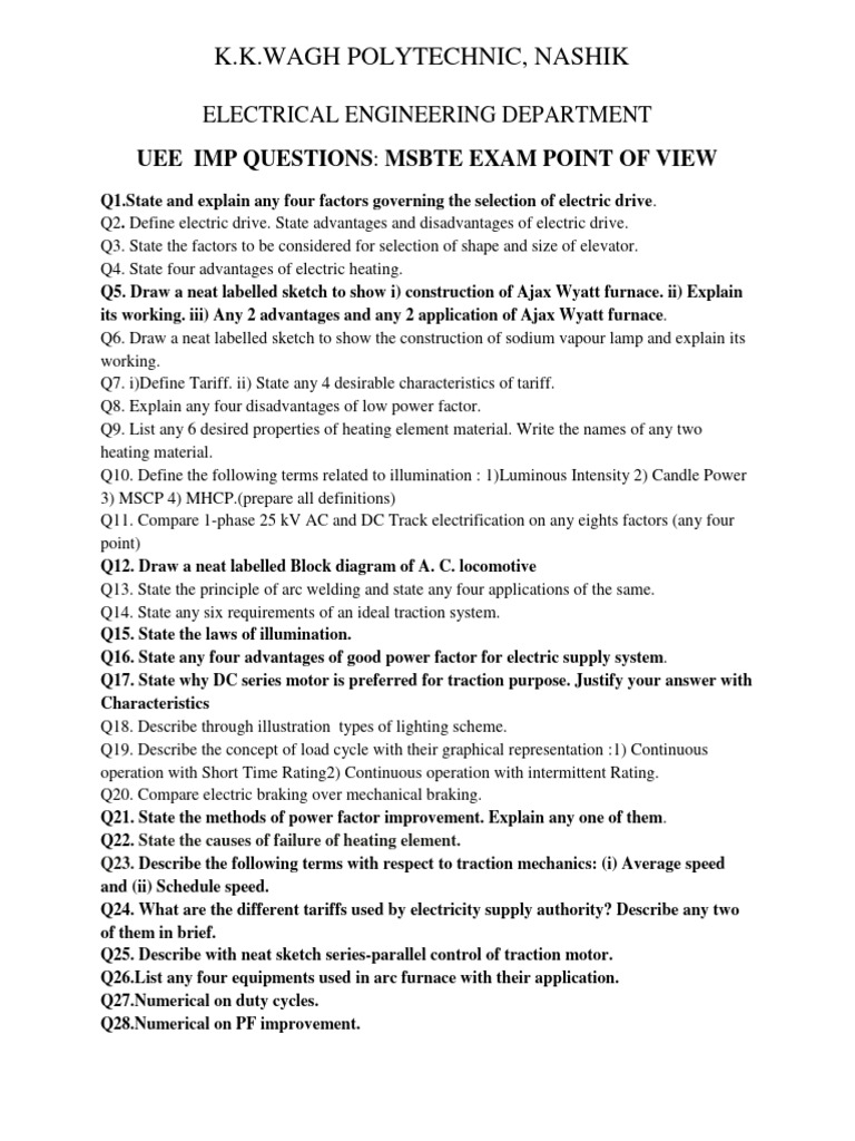 Msbte Imp Questions For Uee | PDF | Manufactured Goods | Electric Power