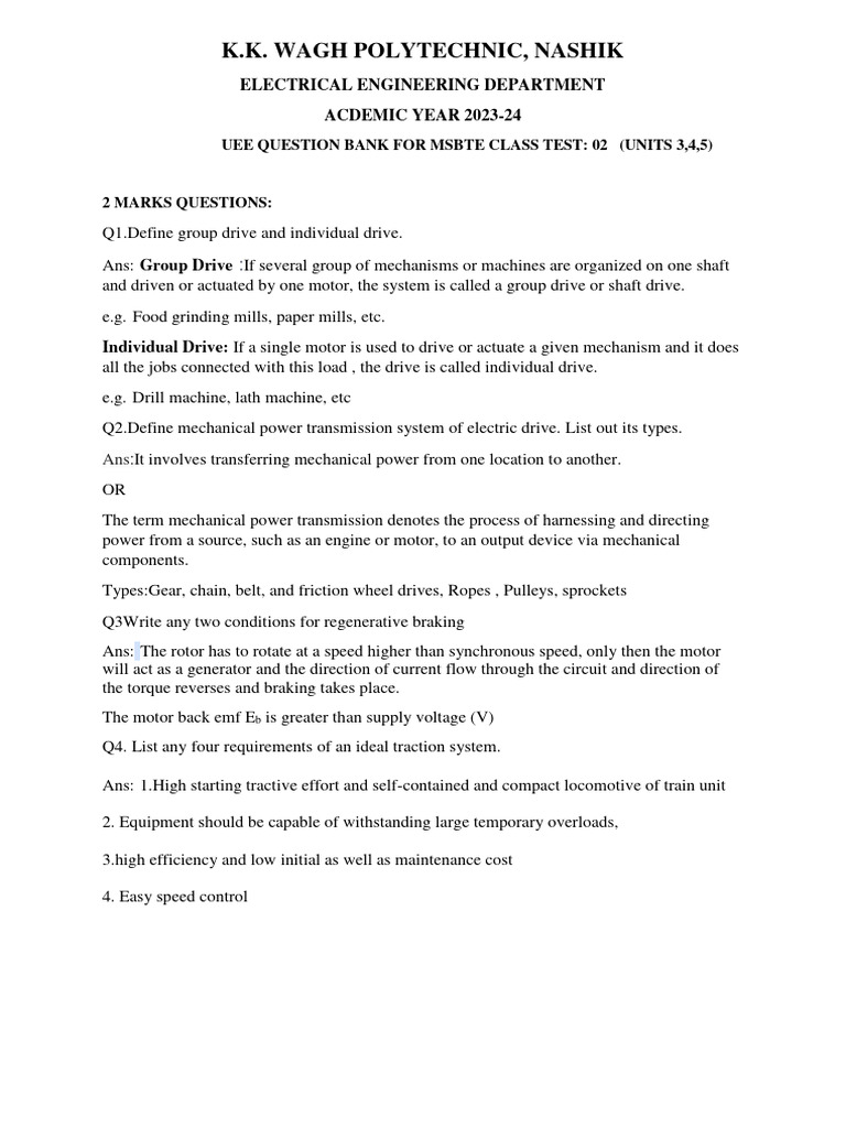 Uee CT 2 QB 2023-24 Answers | PDF | Electric Motor | Alternating Current