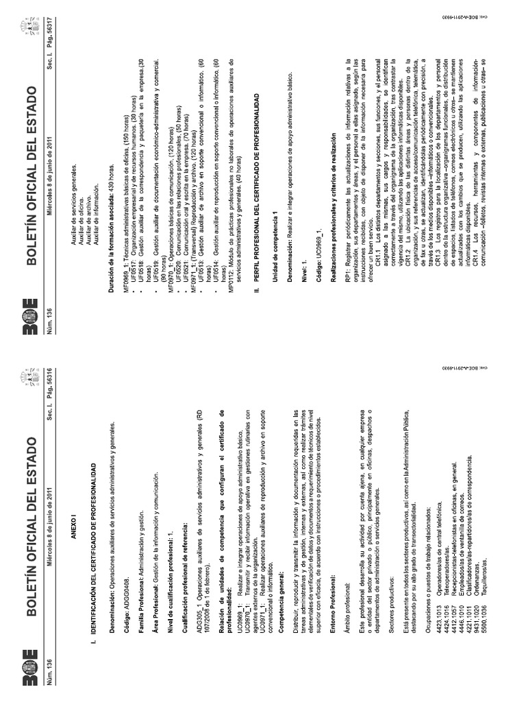 Boe Certificado de Profesionalidad Operaciones Auxiliares de Servicios Administrtivos y ...