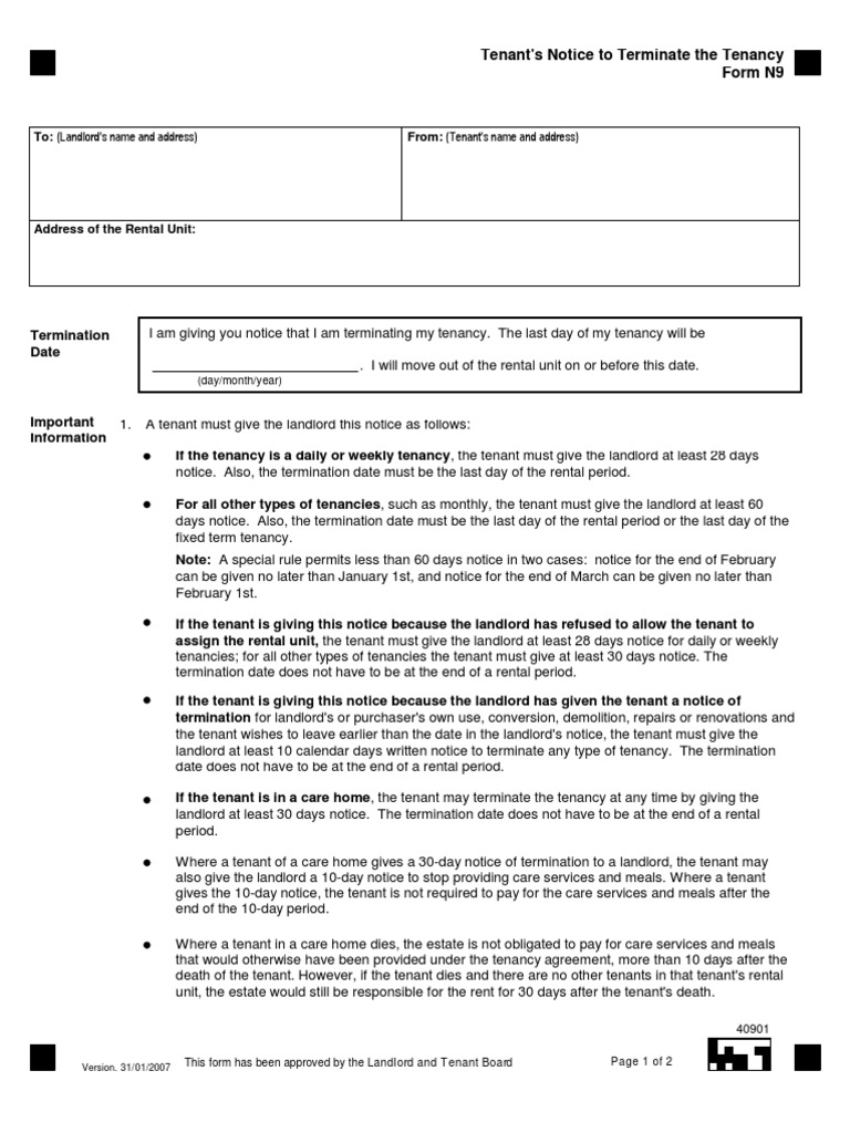 Tenant's Notice to Terminate Tenancy | PDF | Leasehold Estate | Landlord