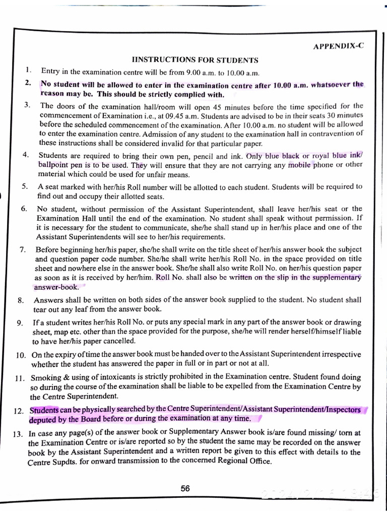 Instructions For Board Exam | PDF