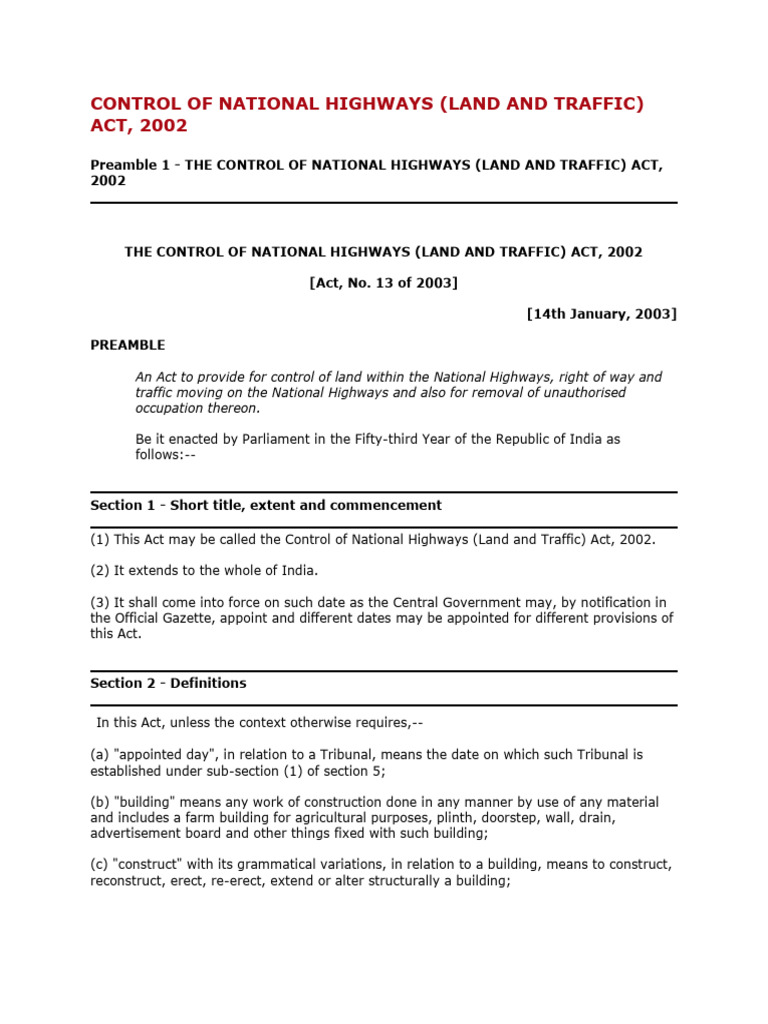 Control of National Highways Act 2002 | PDF | Public Law | Judiciaries