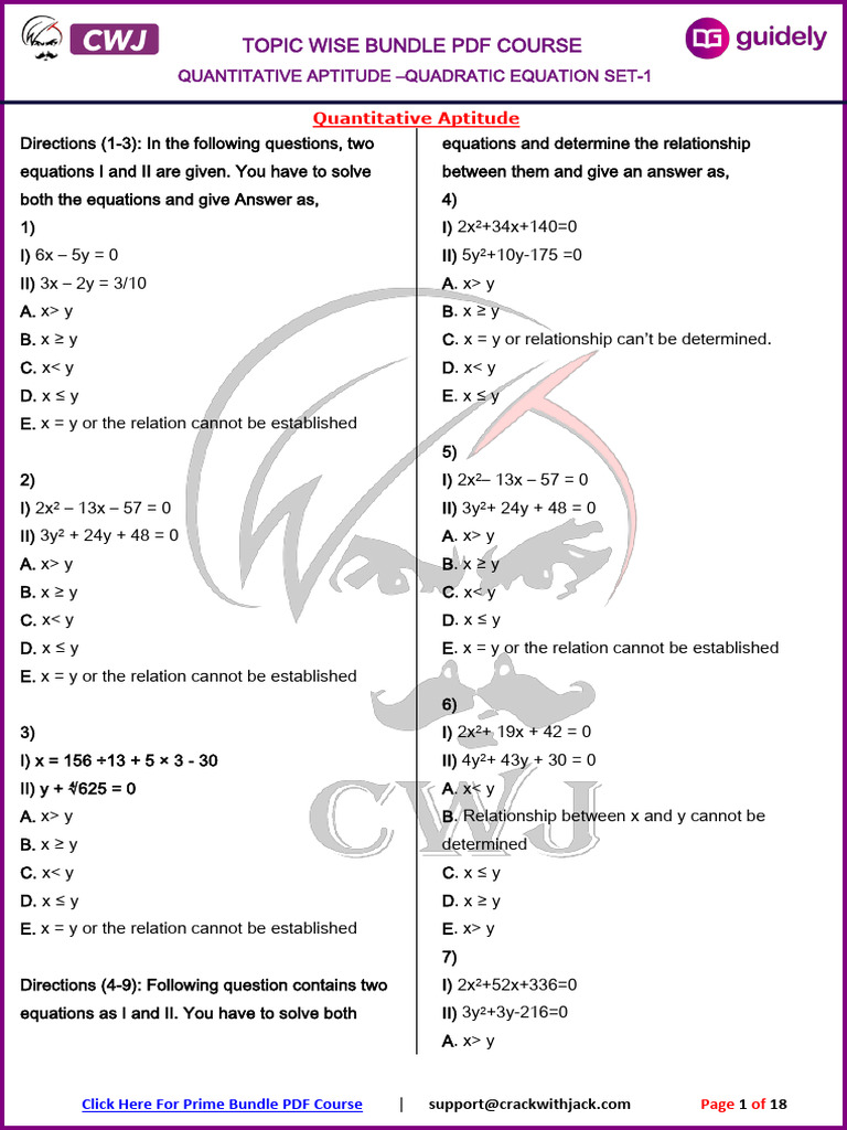 Topic Wise Bundle PDF Course: Quantitative Aptitude - Quadratic Equation Set-1 | Download Free ...