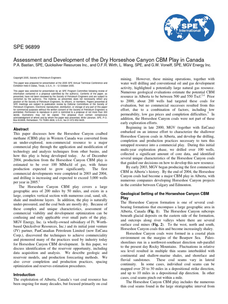 Bastian2005 - Assessment and Development of The Dry Horseshoe Canyon CBM Play in Canada | PDF ...