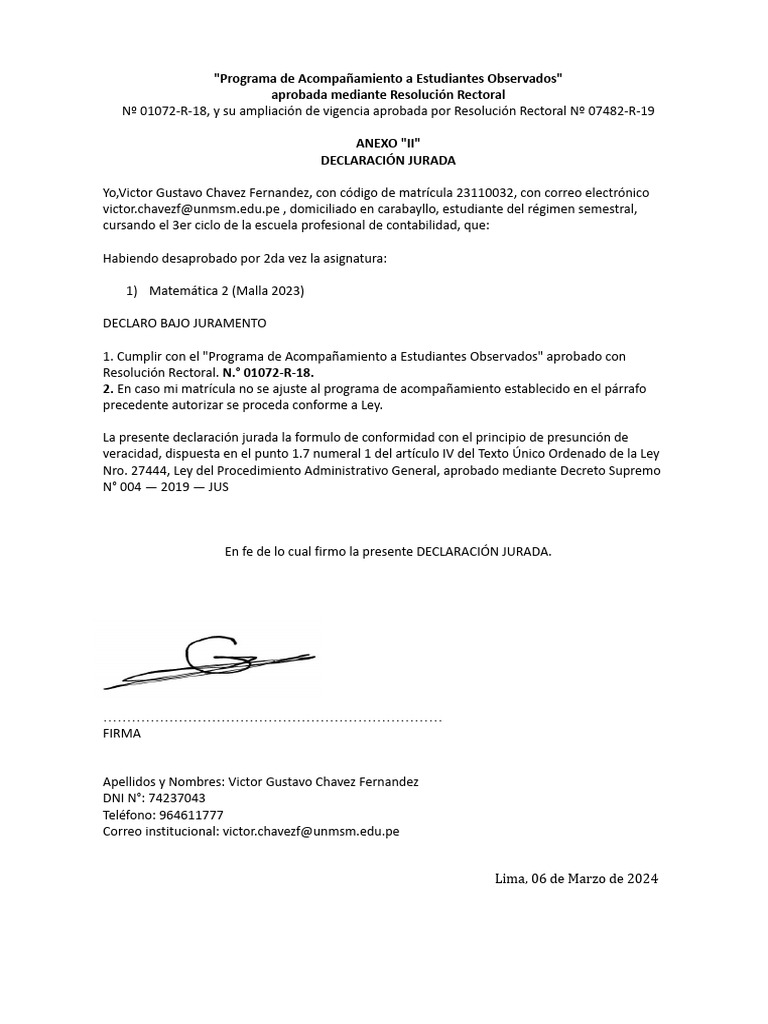 Declaración Jurada Para 2da Repitencia de Un Mismo Curso- Solicitud ...