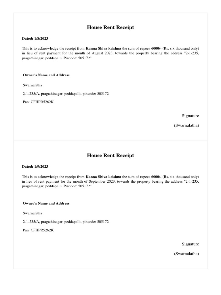 Monthly House Rent Receipts 2023-2024 | PDF | Receipt | Business Documents