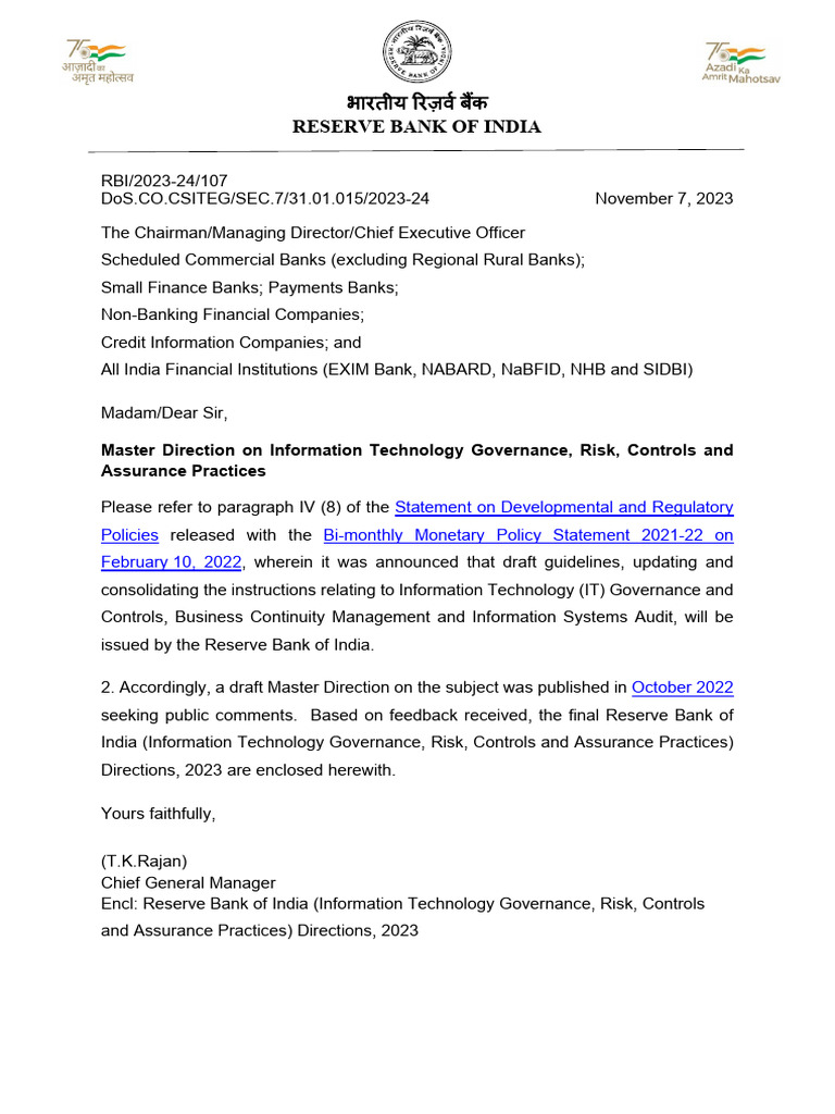 RBI - Master Direction On Information Technology Governance Risk Controls and Assurance ...