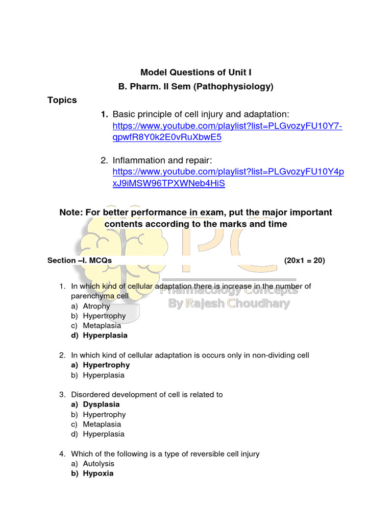 Pathology Unit 1 Model Paper | PDF | Inflammation | Atherosclerosis